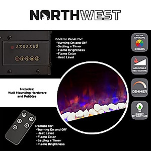 Northwest Electric Fireplace Wall Mounted Color Changing LED Fire and Ice Flames, NO Heat, Multiple Decorative Options and Remote Control, 54", Black