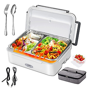 MDHAND Electric Lunch Box, Heating Lunch Box, 2 In 1 Food Warmer Lunch Box 110V/12V for Car and Home, 304 Stainless Steel Lunch Box Container, Upgrade 60W Faster Heating Food Warmer Lunch Box
