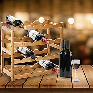 TOPZEA Countertop Wine Rack Free Standing, 16-Bottle Wood Wine Storage Rack 4-Tier Rustic Wine Display Shelf Floor Stackable Wine Bottle Holder Stand for Kitchen, Bar, Pantry, Cabinet, Basement