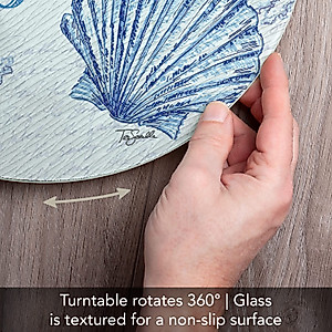 CounterArt Coastal Sketch 4mm Heat Tolerant Tempered Glass Lazy Susan Turntable 13" Diameter Cake Plate Condiment Caddy Pizza Server