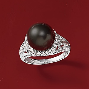 Ross-Simons 11-12mm Black Cultured Tahitian Pearl Ring With .20 ct. t.w. White Topaz in Sterling Silver. Size 8