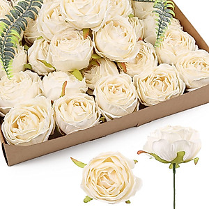 IPOPU White Roses Artificial Flowers Heads Bulk, 25pcs Vintage Dried Flowers Artificial Rose Heads Silk Fake Rose for Wedding Centerpieces for Dining Table Decor Wall Flowers Decorations (Off White)