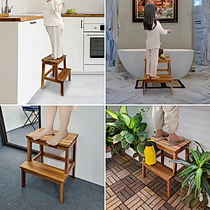 Lestar Solid Acacia Wood Stool Bedside End Tables Sub-stool Wooden Step Stool (2 Steps Stool)