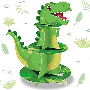 Censen 3 Tier Dinosaur Cupcake Stand Party Decorations Dinosaur Theme Cupcake Holder Decorations Dinosaur Dessert Tower for Kids Dinosaur Jungle Theme Party Birthday Supplies (Lovely)