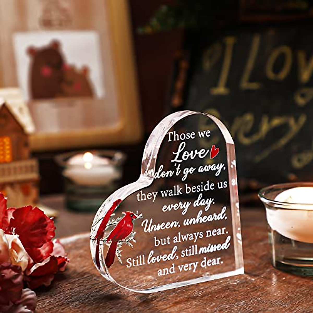 Memorial Gifts for Loss of Father Mother Sympathy Gifts Red Cardinal Memorial Bereavement Acrylic Heart Condolence Gifts in Memory of Loss of Loved One for Table Centerpieces Remembrance (4 x 4 Inch)