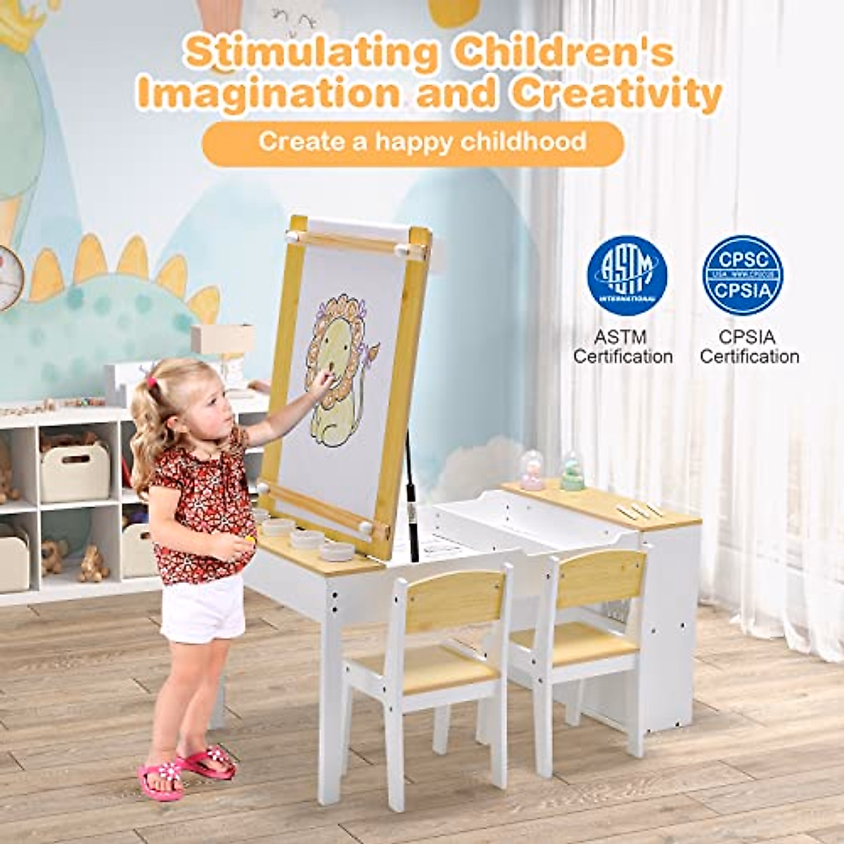 Costzon 2 in 1 Kids Table and Chair Set, Wood Art Table & Easel Set with 2 Chairs, 6 Storage Bins, Paper Roller, Paint Cups for Draw, Write, Play, Arts & Crafts, Toddler Table and Chair Set (Natural)