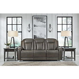 Signature Design by Ashley Card Player Contemporary Faux Leather Tufted Power Reclining Sofa with Adjustable Headrest, Gray