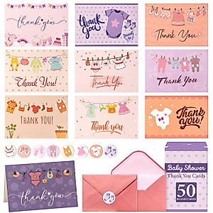 Only Zest Baby Shower Thank You Cards Bulk with Envelopes and Stickers- 50 Pack 4x6 Blank Thank You Notes, Cute Baby Girl Thank You Cards for Birthday, Baptism, Baby Announcement