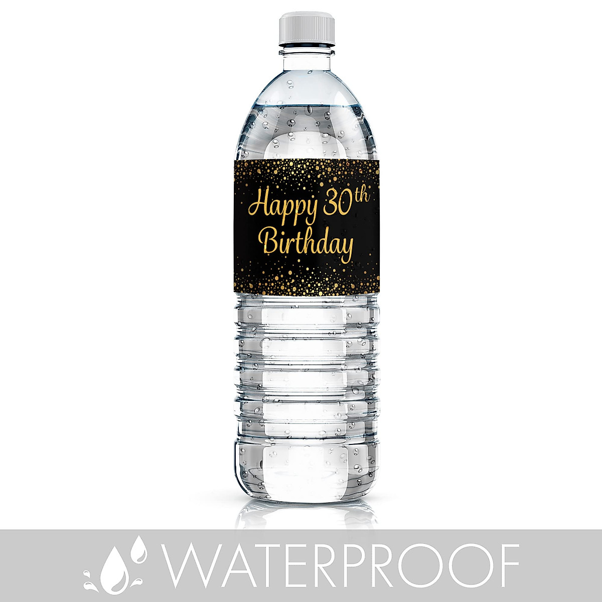 Black and Gold 30th Birthday Party Water Bottle Labels - 24 Stickers