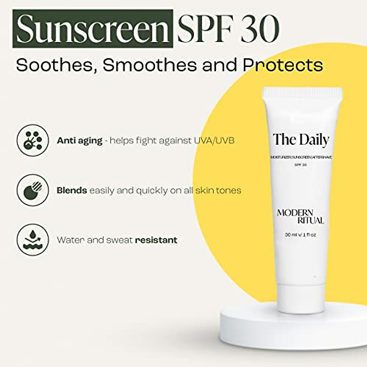 MODERN RITUAL Made in USA Daily 3-in-1 SPF 30 Face Moisturizer - Healing Aftershave - Face Sunscreen - Ultra-Hydrating Face Lotion - Anti-Aging Facial Moisturizer - 1 Fl oz