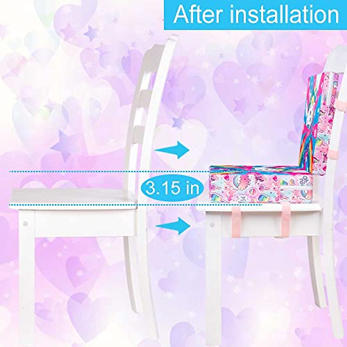 2PCS Toddler Booster Seat for Dining Table, Chair Increasing Cushion for Baby Kids, Washable Thick Chair Seat Pad Mat Strap, Portable Dismountable Adjustable Highchair Booster - Unicorn