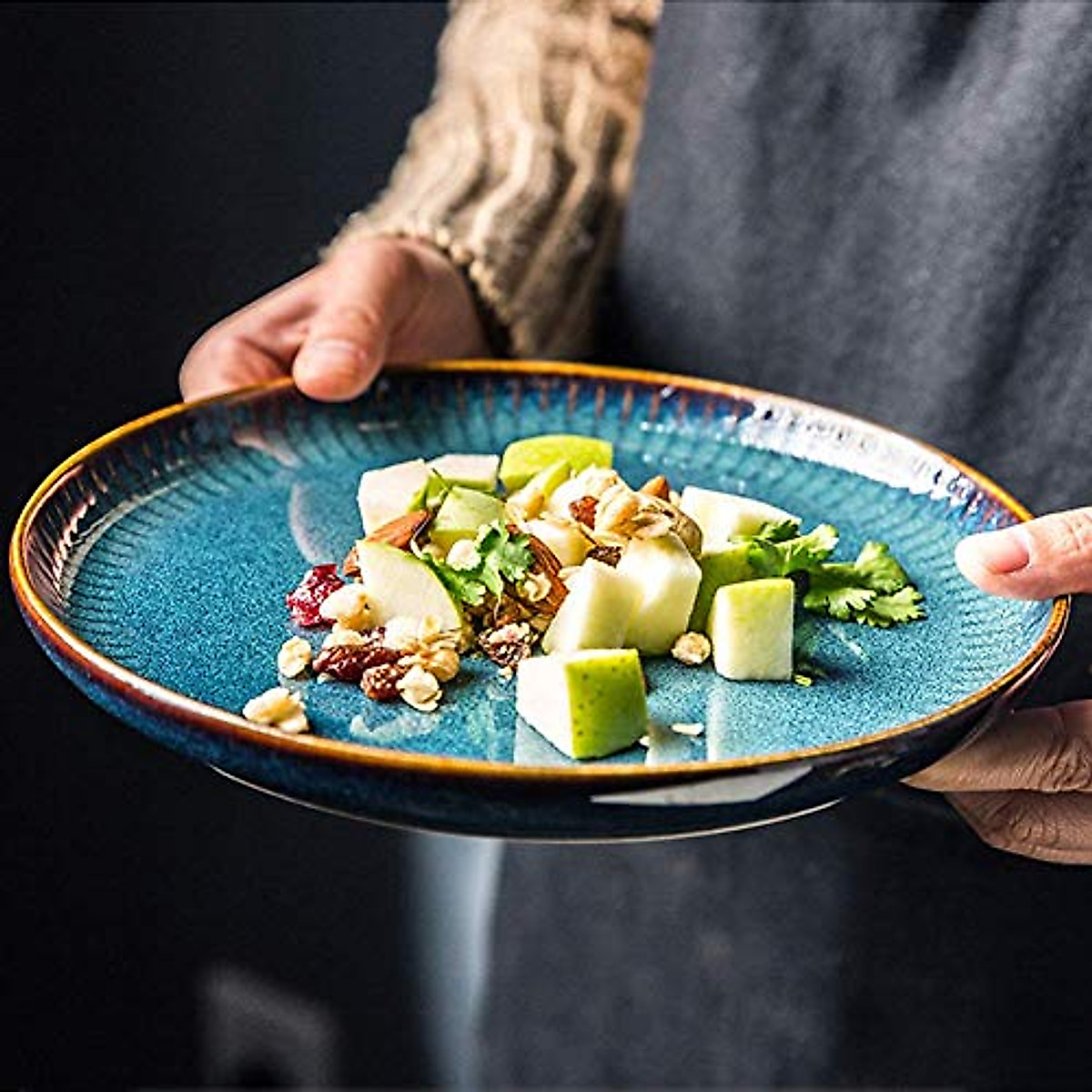 Kitchen DinnerwareFine Dinnerware Set,Porcelain Dinnerware Set, Ceramic Plates and Bowls Sets, Modern Creativity Vintage Lounge Round Reactive Glaze Stoneware Dishes Set for Kitchen/Dining, Blue,Serv