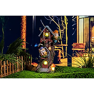 TERESA'S COLLECTIONS 14.8 Inch Tall Large Garden Gnome Statues with Solar Lights, Funny Garden Sculptures Treehouse Figurines Resin Lawn Ornaments for Outside Outdoor Patio Yard Decoration