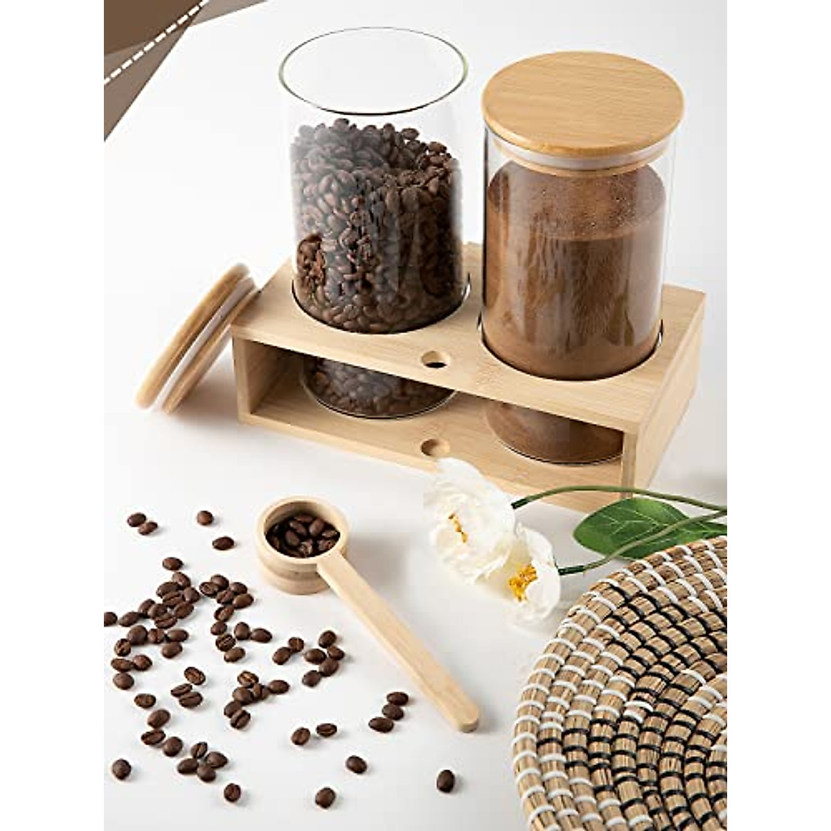 ANPHSIN Glass Coffee Containers with Shelf, 2Pcs 49oz Large Capacity BPA Free Coffee Storage Jars with Airtight Sealed Bamboo Lids Spoon for Kitchen Food, Coffee Beans, Coffee Powder, Sugar, Tea
