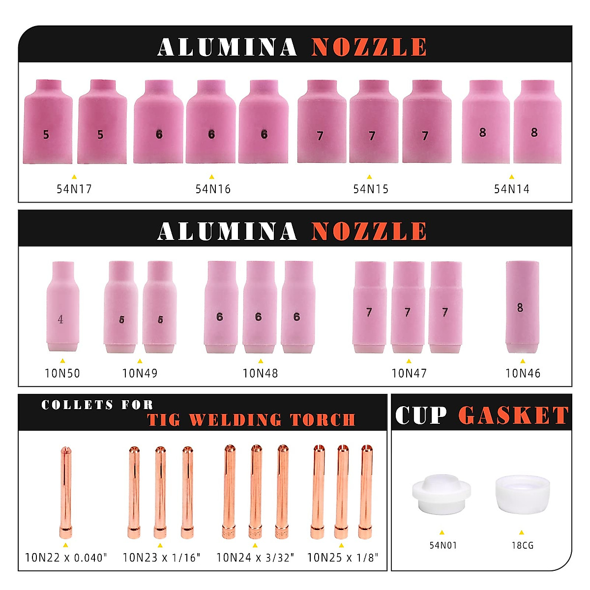 55 PCS TIG Torch Kit TIG Gas Lens Collet Body Welding Torch Stubby Kit Fit WP-17 WP-18 WP-26 TIG Welding Torch