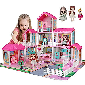 Mini Tudou Doll House Dreamhouse for Girls, Dollhouse with Lights, Play Mat and Dolls,DIY Building Pretend Play House with Accessories Furniture and Household Items,Playhouse for Girls 3-12 (9 Rooms)
