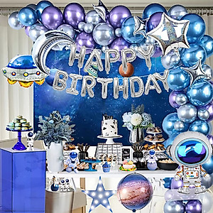 Outer Space Balloon Garland Kit, 115Pcs Universe Space Planets Party Balloon Garland Kit Included Happy Birthday UFO Rocket Astronaut Galaxy Moon Star Balloons for Kids Birthday Party Decorations