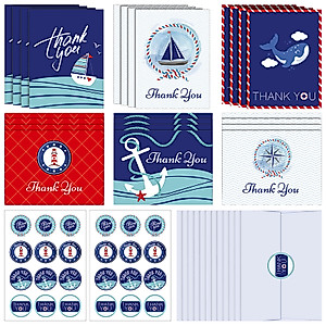 Hotop 24 Sets Cruise Thank You Cards for Ship Crew, Blank Inside Nautical Appreciation Note Cards Set with Envelopes and Stickers