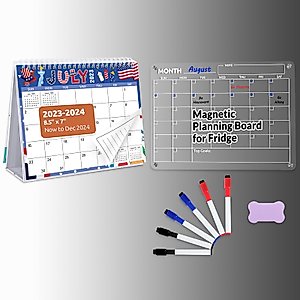 Zuozee Desk Calendar 2023-2024 and Acrylic Magnetic Dry Erase Board Bundle Sales