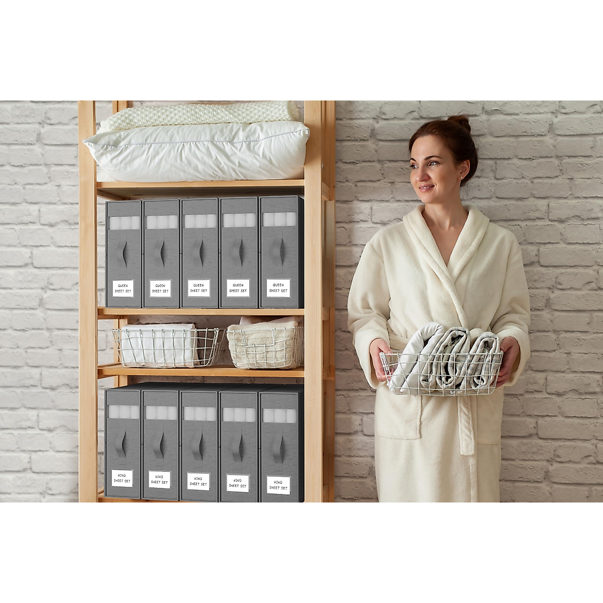 PARANTA Bed Sheet Organizers and Storage 4 Pack,Foldable Linen Closet Organizer,Twin Full Bed Sheet Organizers with Label Handle Window,Sheets Set Keeper for Blanket Duvet Cover Queen or King Grey