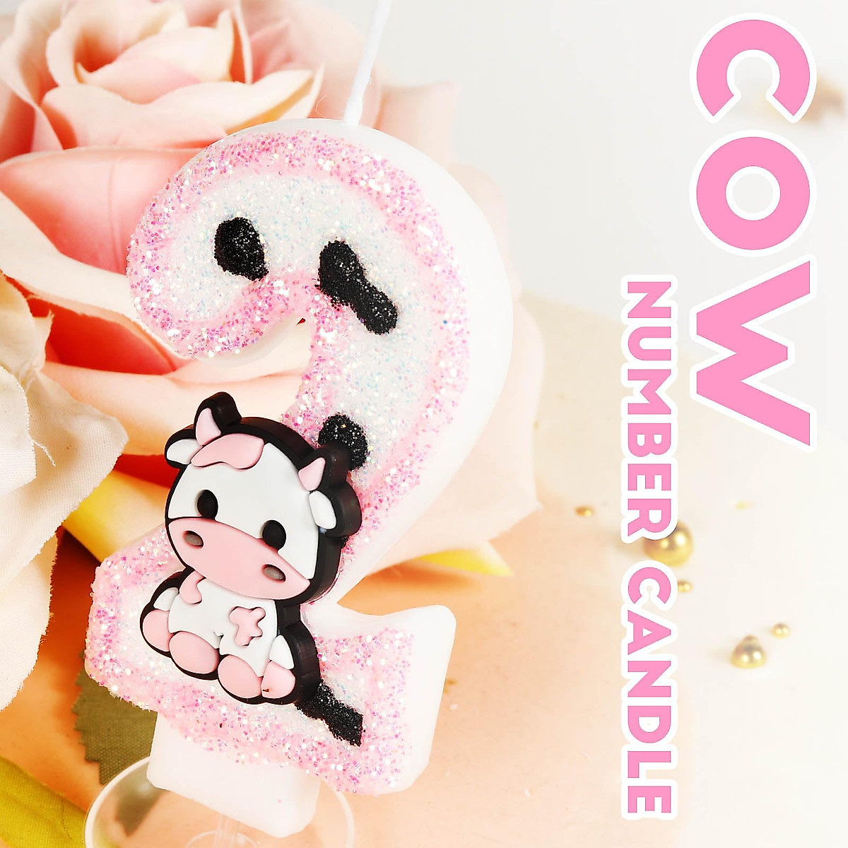 Pink Cow Glitter Birthday Candles Number 1 Birthday Decorations, Holy Cow Im One Birthday Decorations, Number 1 Candle for Cake, Cowgirl Theme Number Candle for Girls First 1st Birthday Party Décor