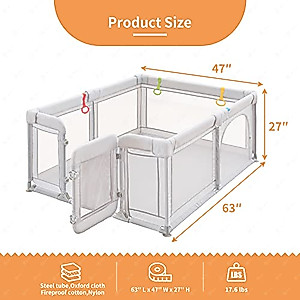 Baby Playpen for Babies and Toddlers, Extra Large Baby Gate Playpen with Door, 63"X47" Baby Play Yards with Soft Breathable Mesh, Baby Fence Play Area (63"X47"X27")