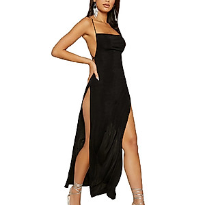 MakeMeChic Women's Sexy Tie Backless High Slit Formal Cocktail Dress Cami Maxi Party Dress Black XS