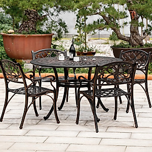 PATIO-IN 48" Patio Table Outdoor Dining Table Round Patio Bistro Table Cast Aluminum Bistro Table with Umbrella Hole,Patio Dining Table Outdoor Furniture Garden Table for 4-6 People,Bronze
