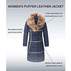 Bellivera Women's Winter Puffer Jacket Cold resistant patchwork plush lining Coat with Removable Fur Collar Hooded and Belted 5528BLUEL
