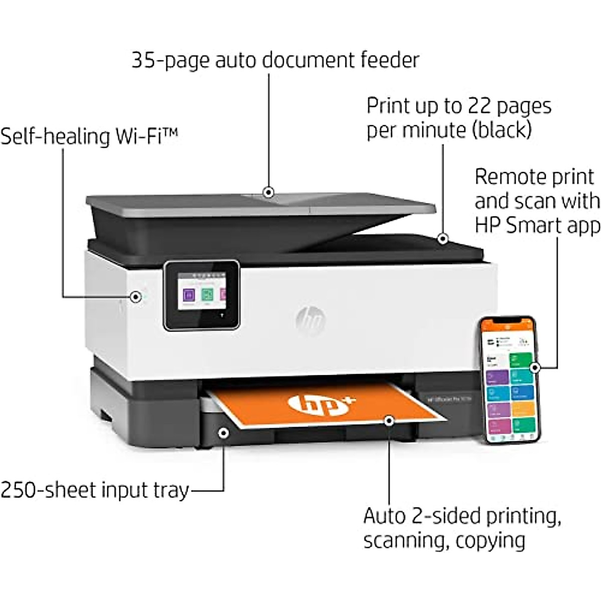 HP OfficeJet Pro 9018e All-in-One Wireless Color Inkjet Printer - Print Scan Copy Fax - 22 ppm, 4800 x 1200 dpi, 512MB Memory, 35-Sheet ADF, Auto 2-Sided Printing, Ethernet (Renewed)