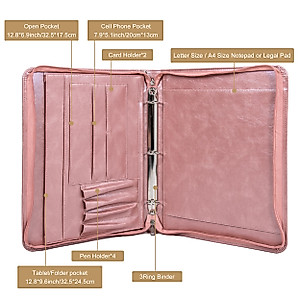 AZXCG Zipper Binder Portfolio for Women, 3 Ring Binders 1 inch, PU Leather Padfolio Folder, Business Portfolio Organizer with A4 Legal Pads, Thin Leather Professional Binder, Gift for Her, Rosegold