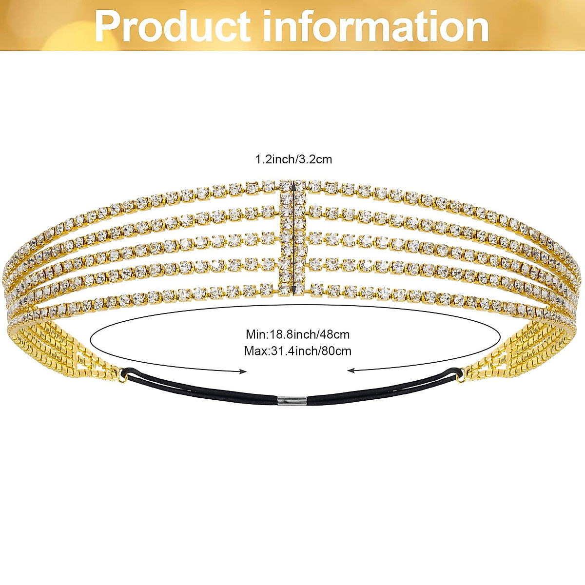 ANCIRS 2 Pack Multi Layered Elastic Headband for Women, Adjustable Rhinestone Bridal Headpieces, Stretchy Jewelry Hair Bands Accessories for Girls- Gold & Silver