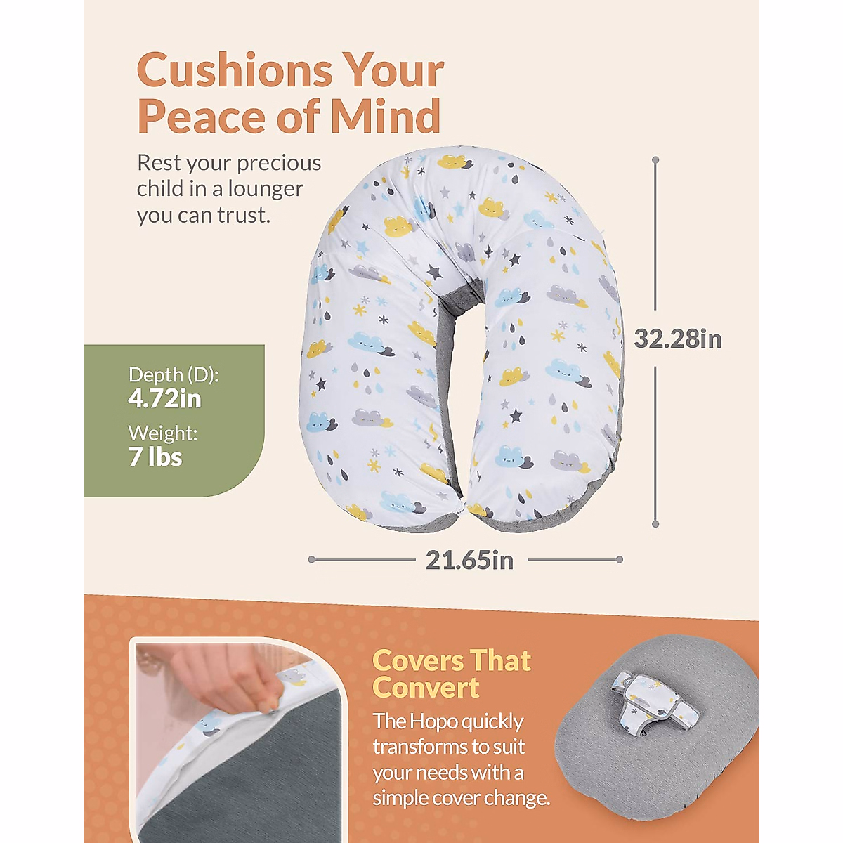 Unilove Hopo 7-in-1 Pregnancy & Nursing Pillow - Pregnancy Pillows for Sleeping - Pregnant mom Gift Essentials for Breastfeeding, Side Sleeping - 2 Washable Covers, Weather Icon