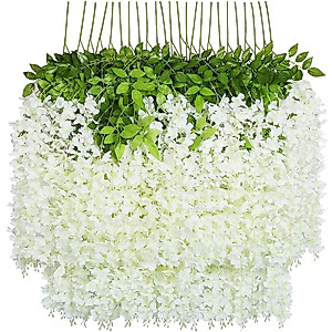 U'Artlines 12 Pack(Total 43.2 Feet) Artificial Fake Wisteria Vine Rattan Hanging Garland Silk Flowers String Home Party Wedding Decor (12, White)