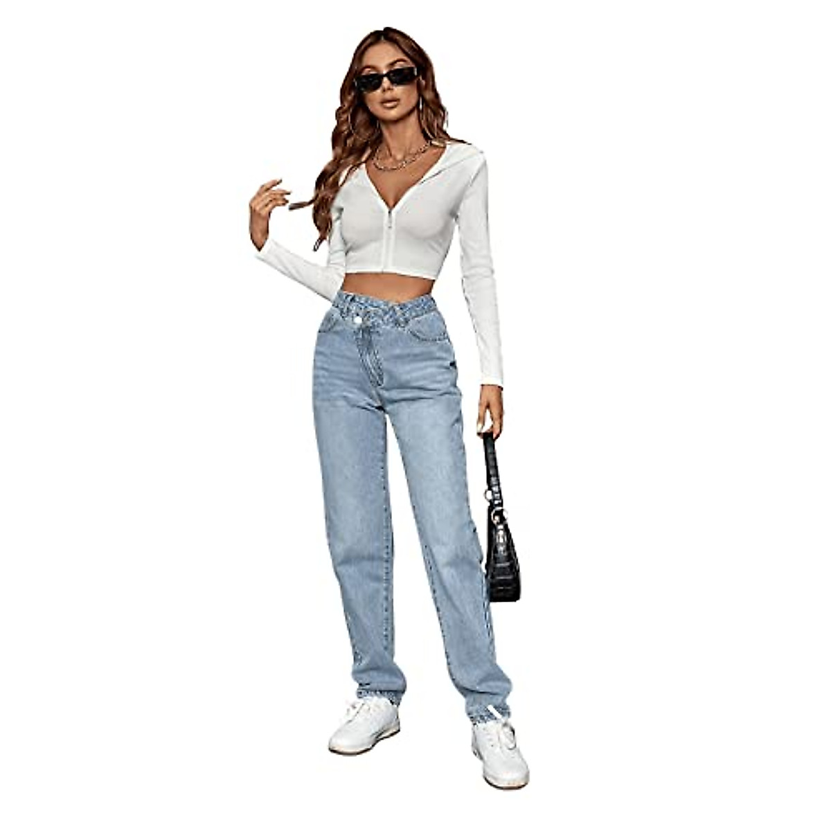 SweatyRocks Women's High Waisted Straight Leg Long Jeans Asymmetrical Waist Denim Pants Solid Pale Blue M