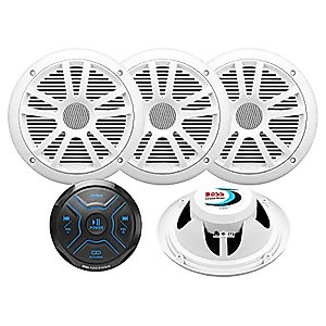 BOSS Audio Systems MG250W.64 Marine Speakers and Gauge Receiver (Built-in 4 CH Amplifier) Package – IPX6 Weatherproof, Bluetooth Audio, No CD, USB, Aux-in, 6.5 Inch Speakers, Full Range
