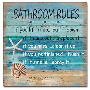 Seashells Bathroom Rules Wall Sign for Bathroom Decor, Funny Bathroom Wall Decor Wall Art For Beach House, Cute Beach Sign Plaque- 12 x 12 Inchs
