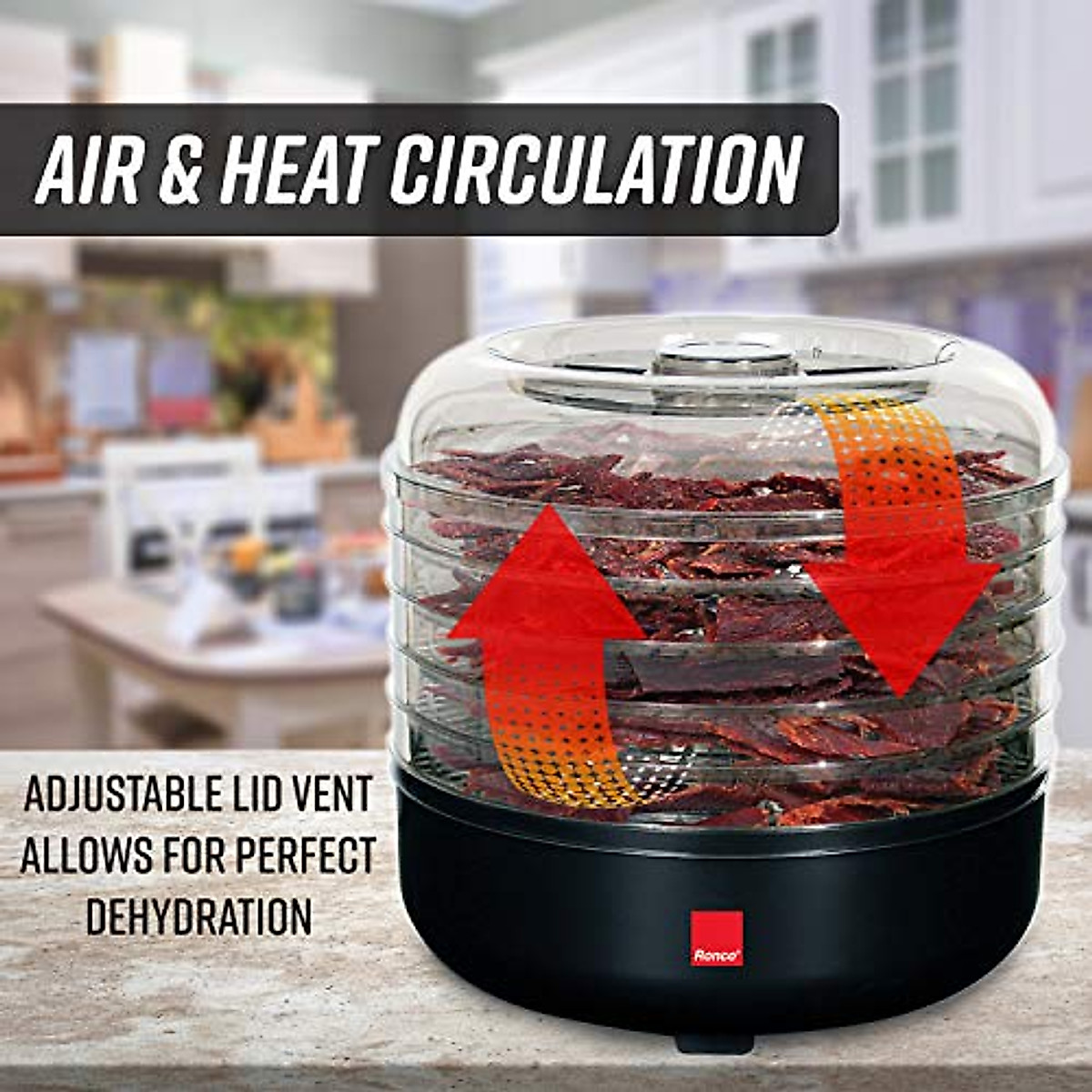 Ronco Beef Machine, 5-Tray Dehydrator with 5-Piece Kit, Food Preserver Quiet Operation, for Turkey, Chicken, Fish, Fruits, Vegetables, Deluxe Black with Jerky Gun