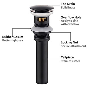 LAZ HOME Bathroom Sink Drain With Detachable Strainer Basket,Hair Catcher Anti Clog Pop Up Drain Stopper Bathroom Vessel Vanity Sink with Overflow (Matte Black)