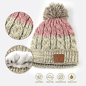 Bluetooth Beanie for Women, Wireless Knit Winter Cap, Built in Microphone and HD Stereo Speakers, Beanie Hat with Headphones for Outdoor Homes and Gifts (Khaki & Pink)