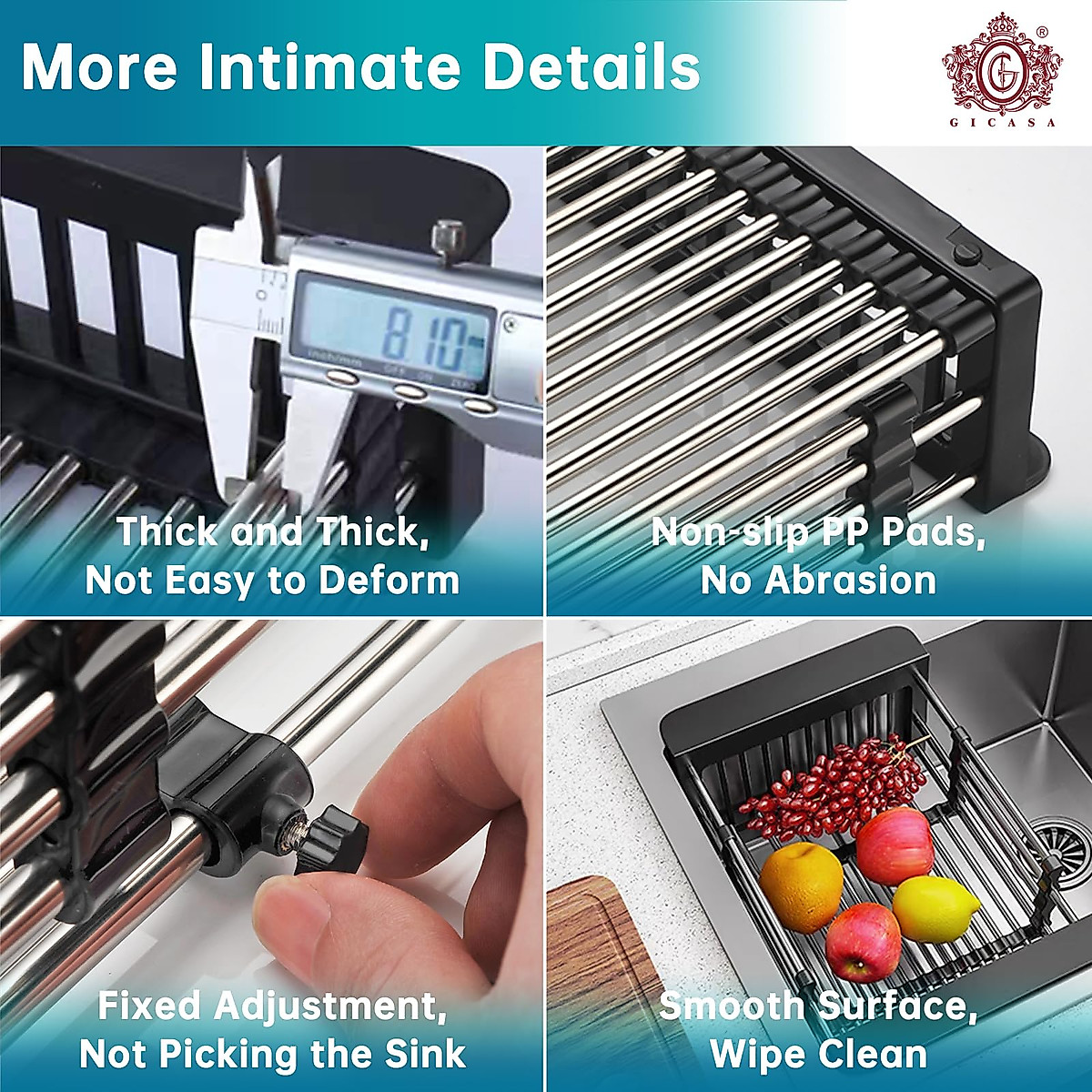 GICASA Adjustable Stainless Steel Drainer Basket Drain Tray for Dish Vegetable Fruit, On Counter Dish Rack or in Sink Over Sink Kitchen Basket Dish Drying Rack