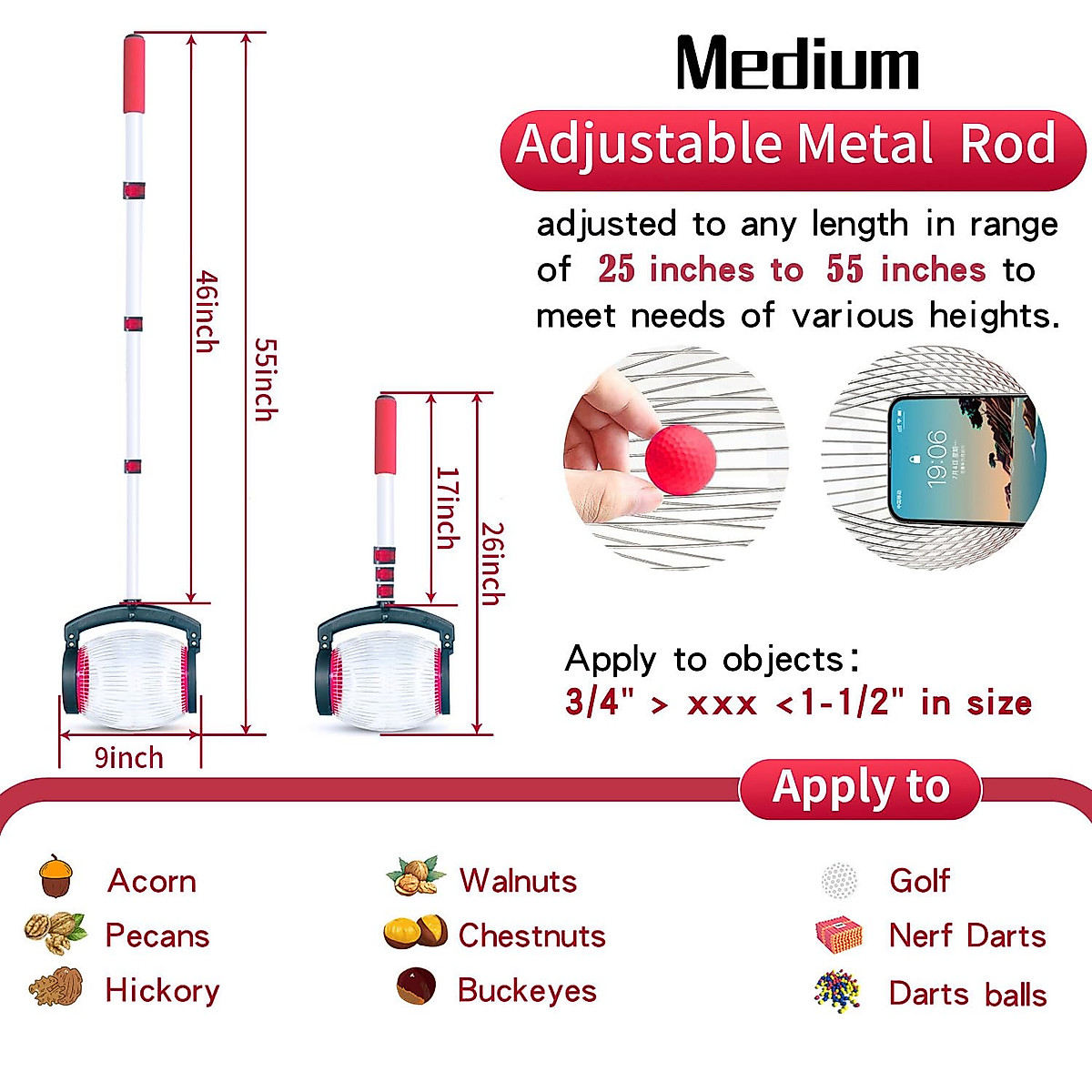 Zozen Nut Gatherer, Walnut Picker Upper Roller, Pinecone Picker Upper - Side Opening Dump | Apply to Walnut, Pecan, Hickory, Chestnuts, Buckeyes, Golf, Crab Apple Objects Size 1'' to 2.5''; 1.5 Gallon