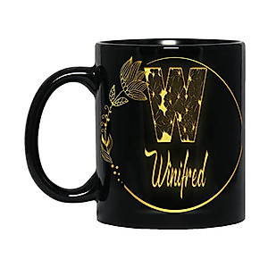Coffee Mug Personalized Winifred Name & Initial Letter Monogram Floral Alphabet Mug Golden Flowers Custom Black Coffee Cup, Gift for Her Mom Coworker Sister, Wife, Girl 11oz Black Mug 879039