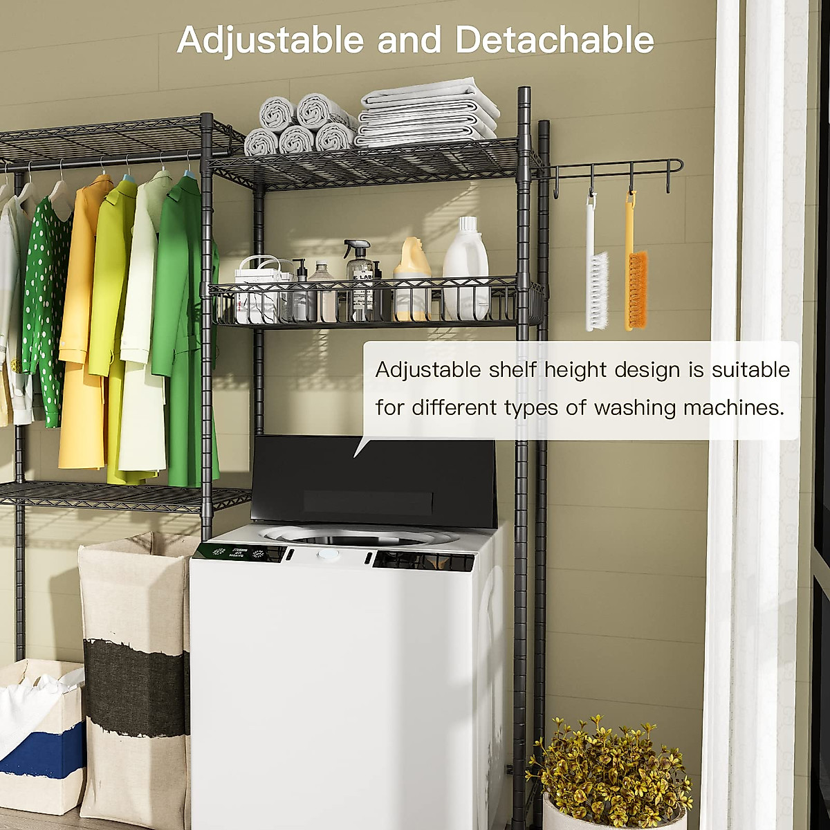 Ulif over Washer and Dryer Shelves, Laundry Room Storage Rack, Laundry Space Saver with Wire Basket and 2 Hooks, 57.8" L x 13.4" D x 76.7" H, Black