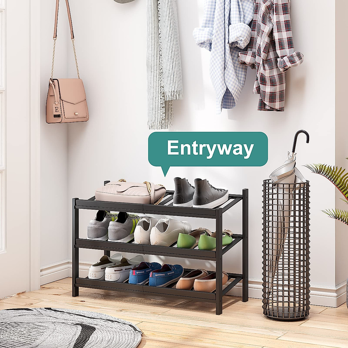 viewcare Shoe Rack for Entryway, 3-Tier Bamboo Wood Shoe Rack for Closet, Tilting | Foldable | Natural, Shoe Organizer for Hallway Closet, Free Standing Shoe Racks for Indoor & Outdoor