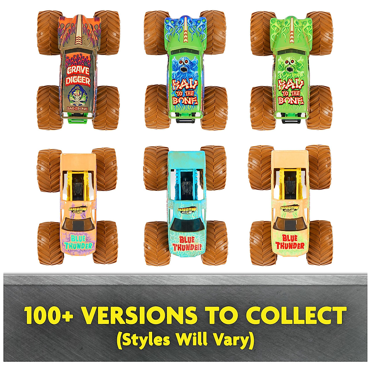 Monster Jam, Mystery Mudders 2-Pack Monster Trucks, Official 1:64 Grave Digger and Blue Thunder Die-Cast Vehicles, Wash to Reveal (Styles Will Vary)