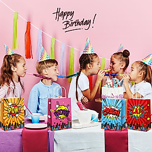 Pajean 18 Pcs Hero Party Favors Bags Comic Hero Kraft Paper Bags Goodie Candy Treat Gift Bags with Handle Boom Hero Theme Birthday Decorations Supplies