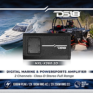 DS18 NXL-X360.2D 2 Channel Marine Waterproof Amplifier - Class D Full-Range 180 x 2 Watts @ 4-Ohm 1000 Watts Peak - Great for Boats, Motorsports, Motorcycles, and All Elements Applications