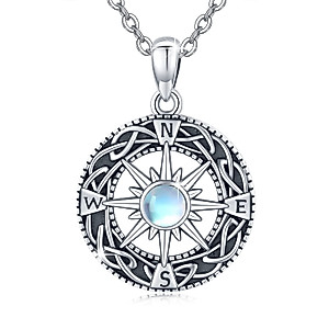 TUGHRA Graduation Necklace Sterling Silver Compass Necklaces for Women Men Celtic Moonstone Pendant Necklace Inspirational Jewelry Gifts for Women Friendship Talisman Gifts for Her Him