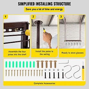 VEVOR Ceiling Wine Glass Rack, 23.6 x 13.8 inch Hanging Wine Glass Rack, 18.9-35.8 inch Height Adjustable Hanging Wine Rack Cabinet, Coppery Wall-Mounted Wine Glass Rack Perfect for Bar Cafe Kitchen